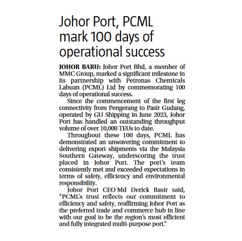 Johor Port - Johor Port, PCML Mark 100 Days Of Operational Success