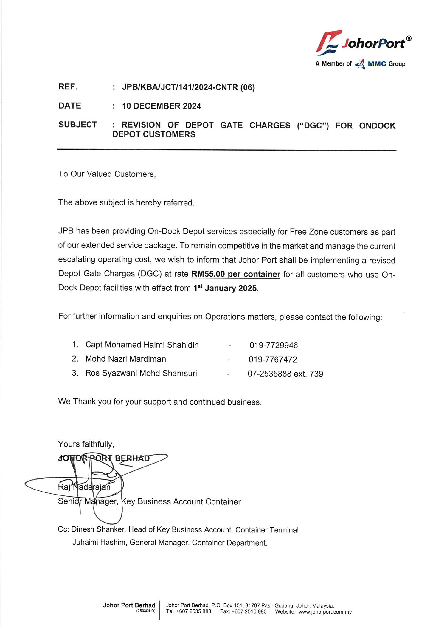 Johor Port - Revision of Depot Gate Charges (“DGC”) for Ondock Depot ...