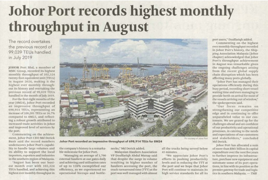 Johor Port - Johor Port Records Highest Monthly Throughput in August