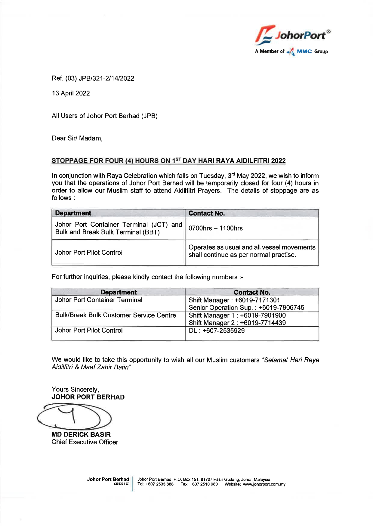 Johor Port - Stoppage for four (4) hours on 1st Day Hari Raya ...