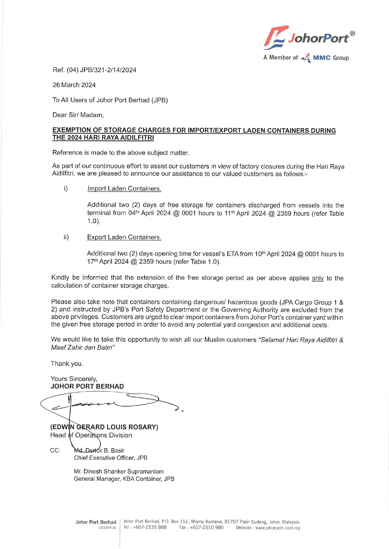 Johor Port - Exemption Of Storge Charges For Import / Export Laden ...