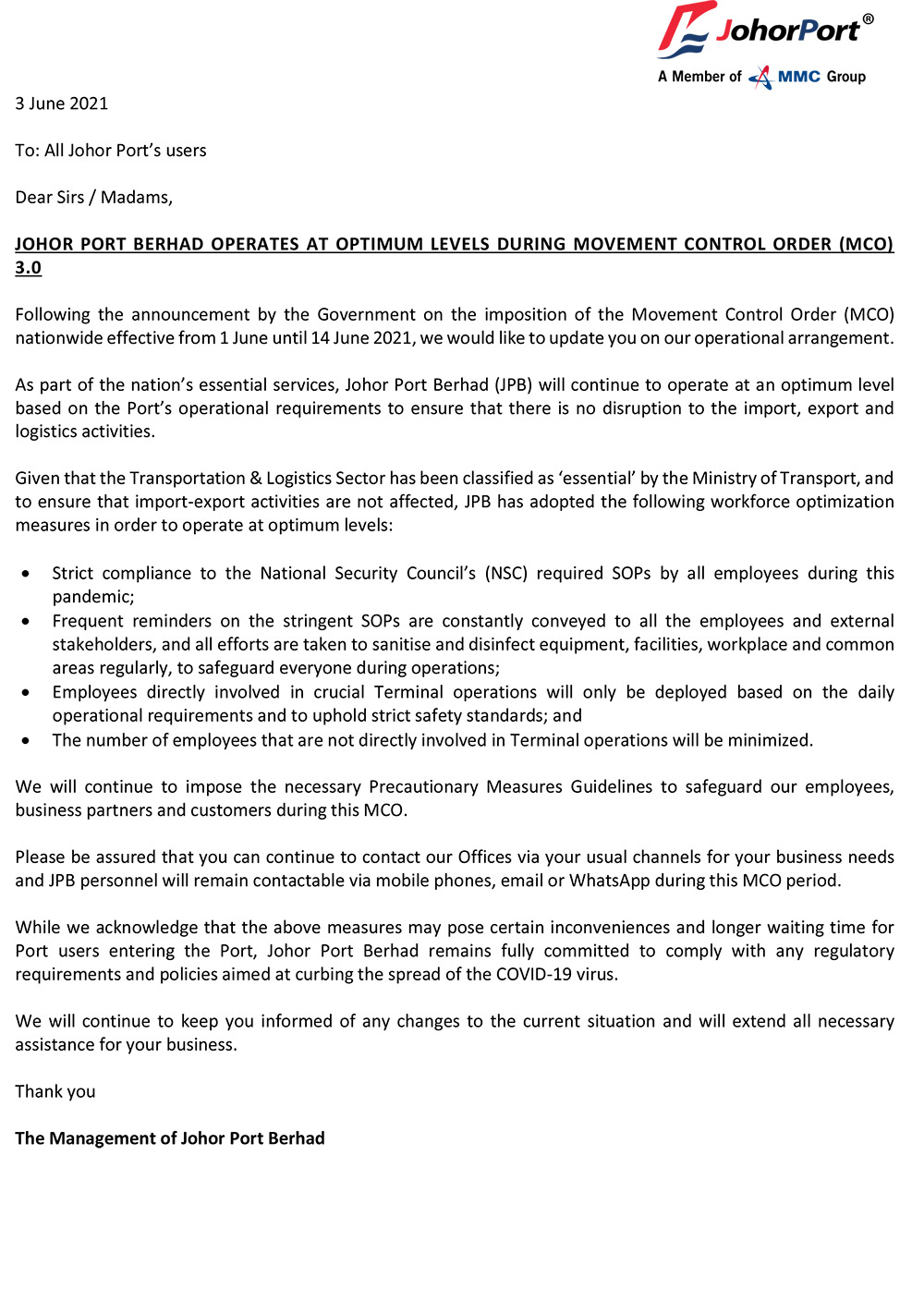 Johor Port - Johor Port Operates At Optimum Levels During During MCO 3.0