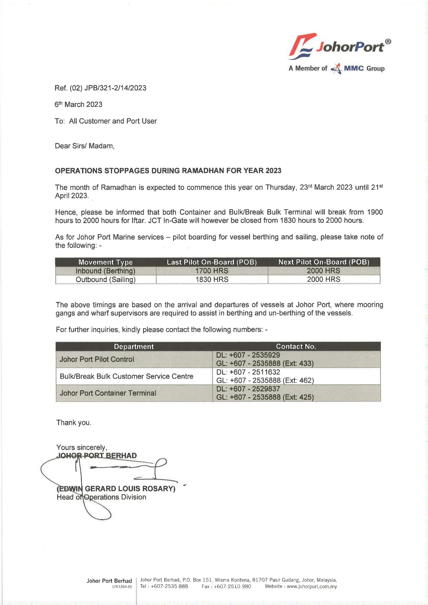 Johor Port - Operation Stoppages During Ramadhan for Year 2023